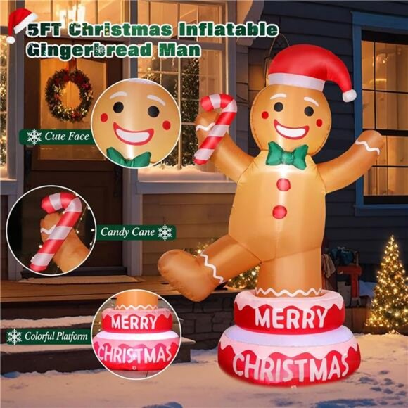 Holiday | 5 Ft Christmas Inflatable Outdoor Decorations Gingerbread Man With Cane Candy | Poshmark